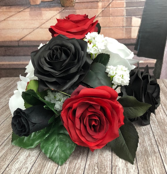 New Artificial Black Red and White Wedding Flowers Red Black and White Bridal Bouquet Red Black White Brides Bouquet
