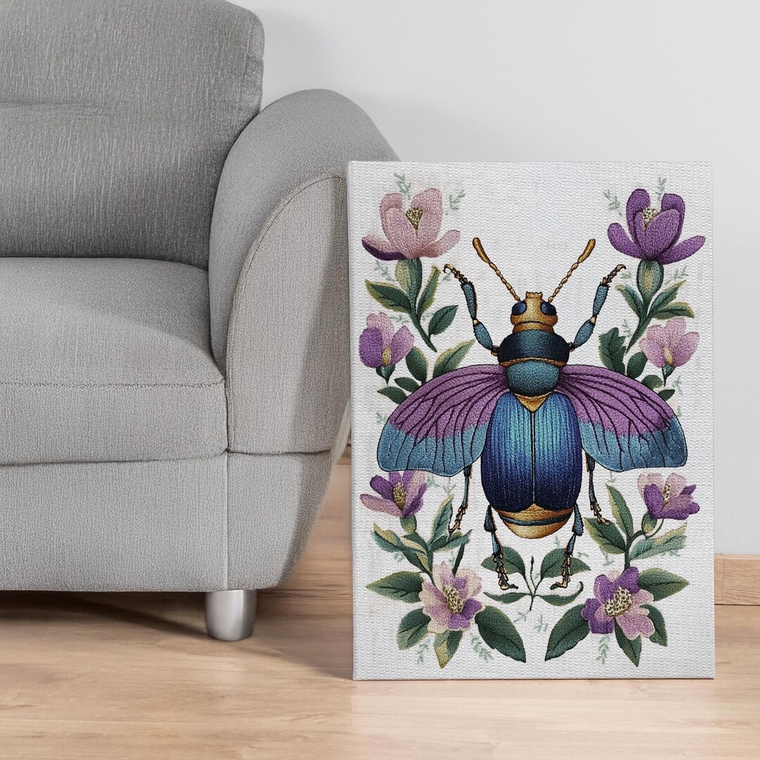 Beetle Wall Art, Botanical Insect Canvas, Purple Floral Bug Decor ...