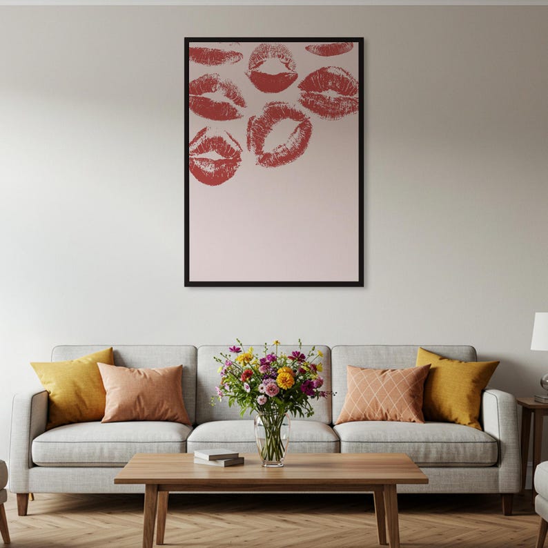 Red Lipstick Kisses Poster, Lips Print Wall Art, Romantic Decor ...