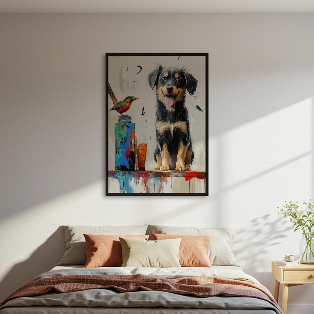 Happy Dog Bird Poster Colorful Paint, Cute Animal Art Poster Print ...