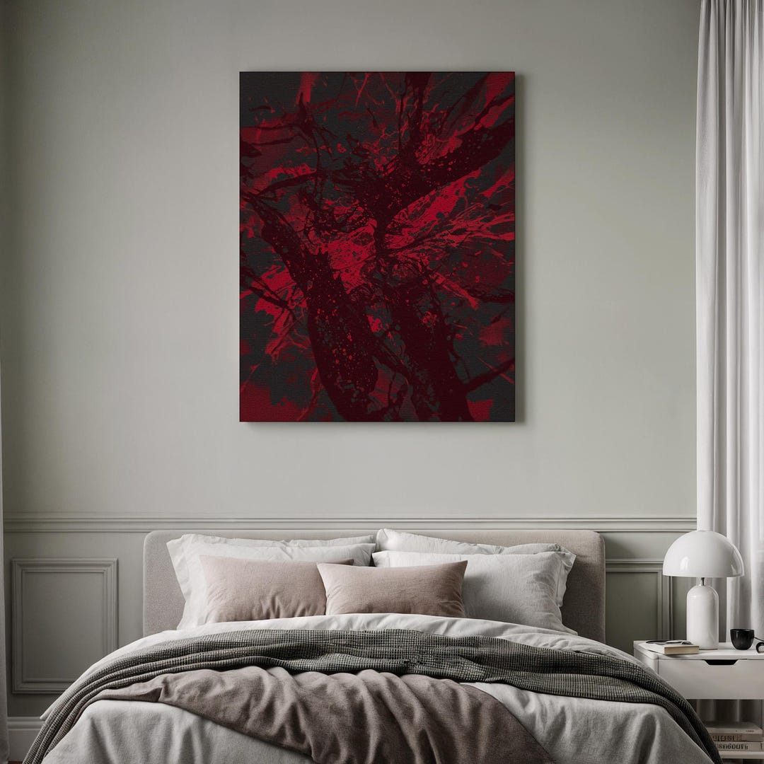 Abstract Tree Painting, Moody Red and Black Art, Framed Dark Academia ...