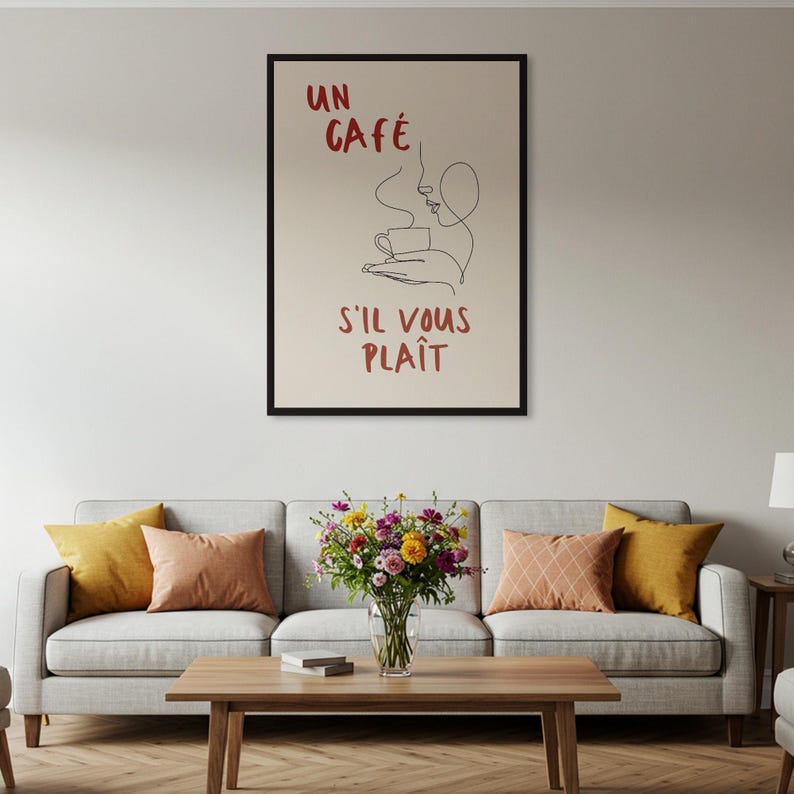 Un Café S'il Vous Plaît Poster, Coffee Line Art Wall Art, French Quote ...