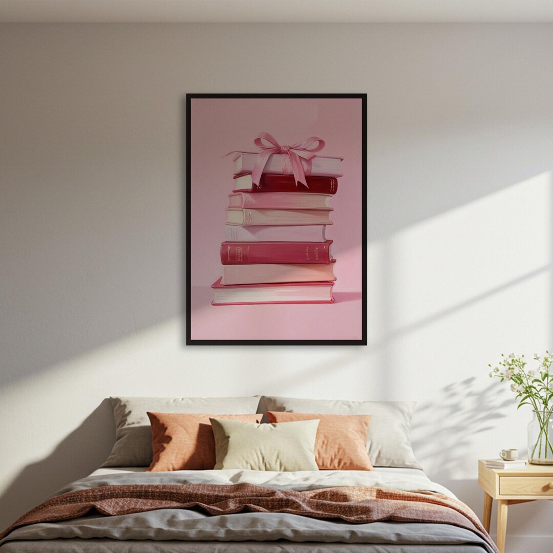 Pink Book Stack Poster, Ribbon Tied Books Art Poster Print, Book Lover ...