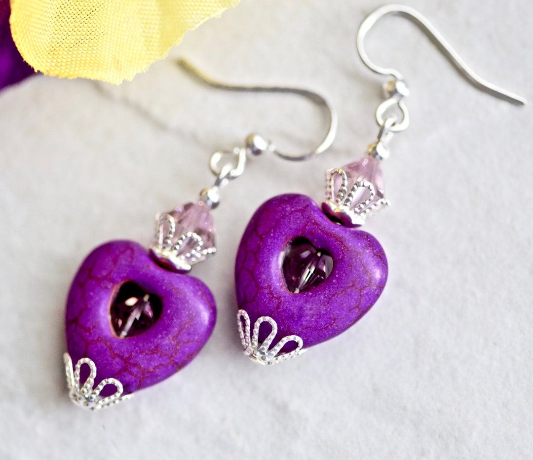 Purple Stone Heart Crystal Silver Earrings - Etsy