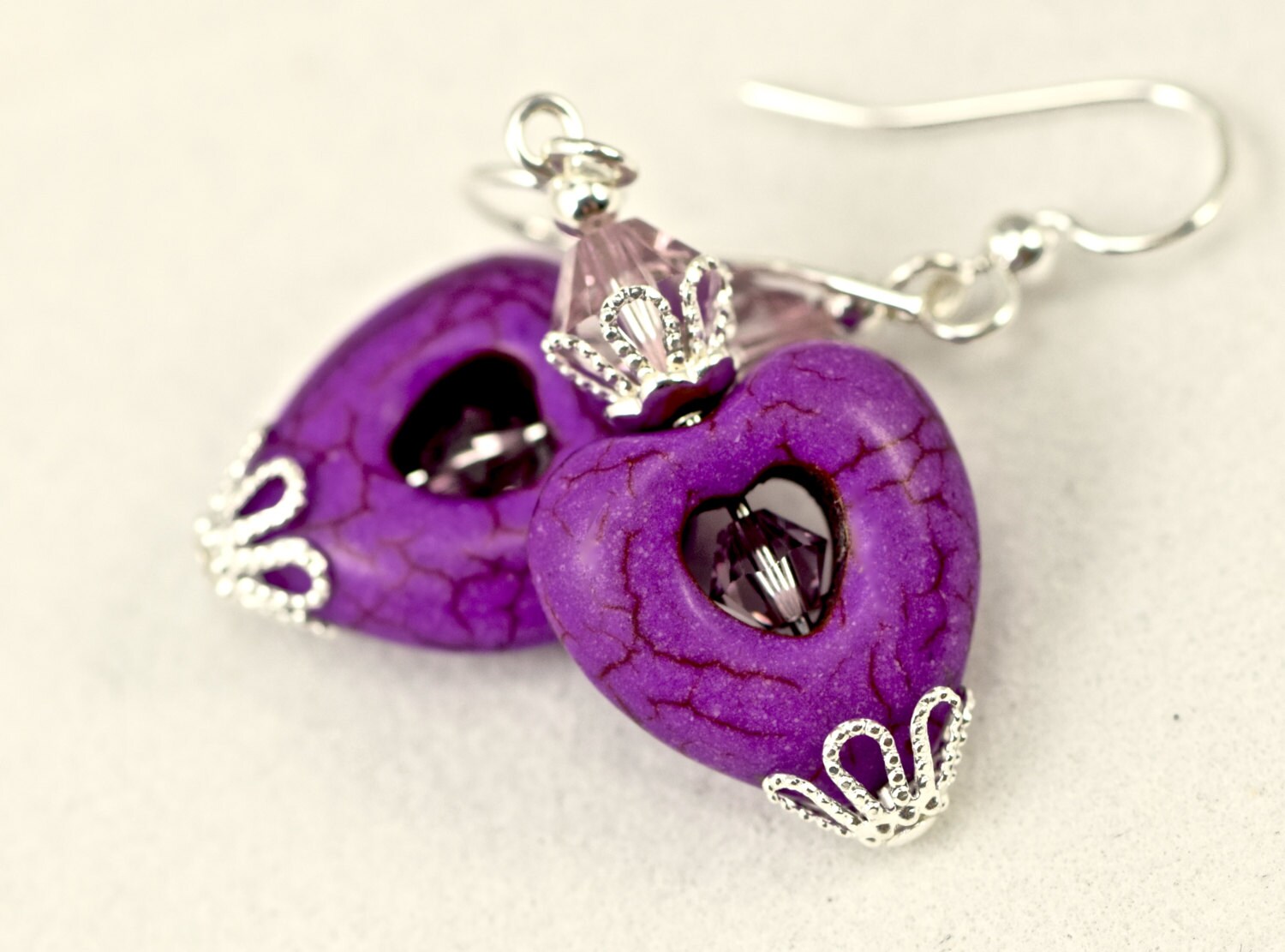 Purple Stone Heart Crystal Silver Earrings - Etsy
