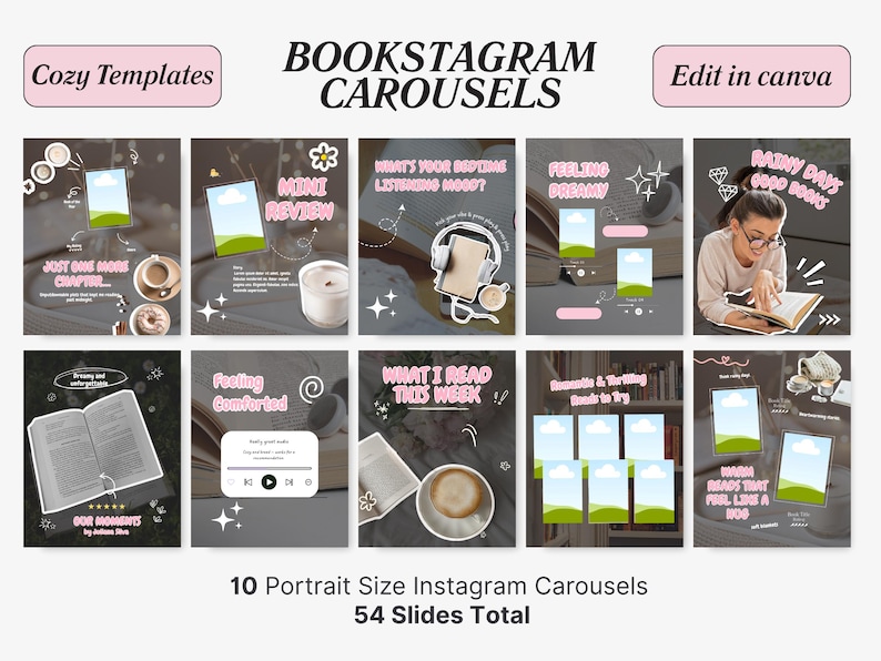 Pink Cozy Bookstagram Canva Carousel Templates | Bookish Social Media ...