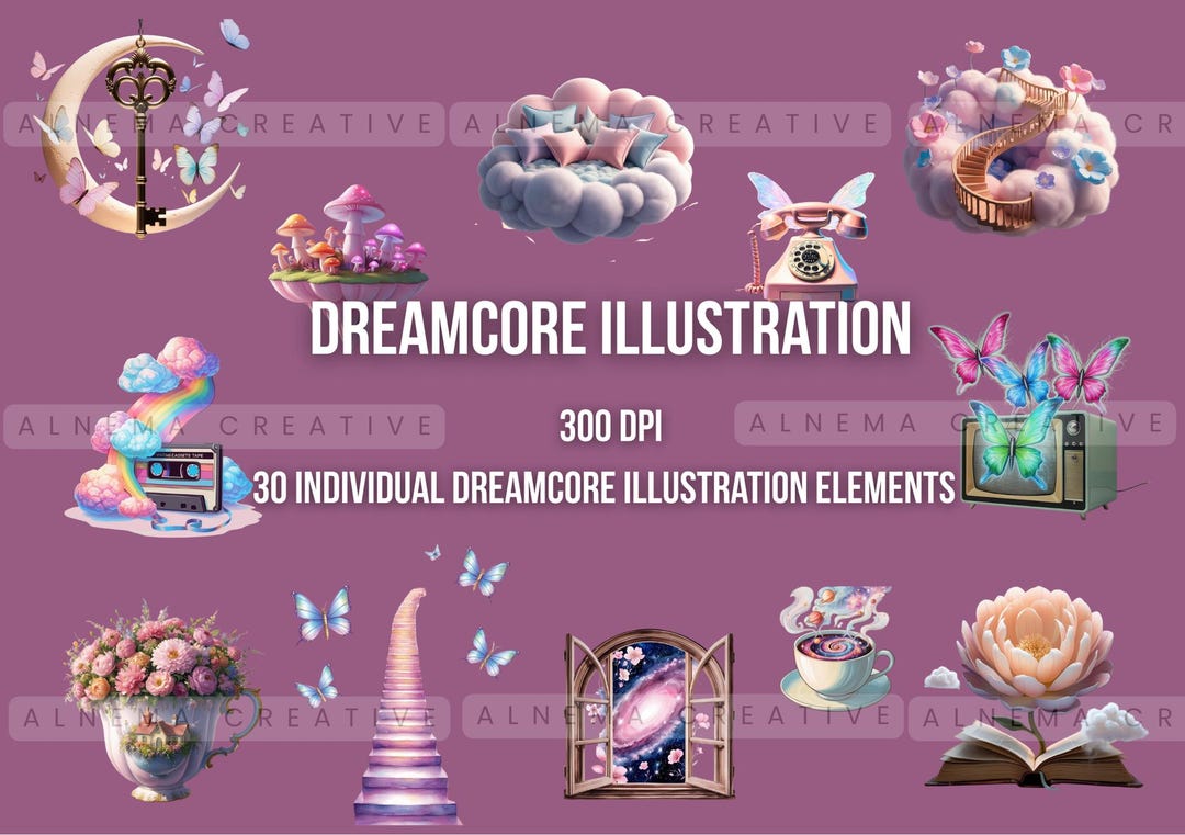 Dreamcore Illustration Clipart Bundle, 30 PNG, Transparent Background ...