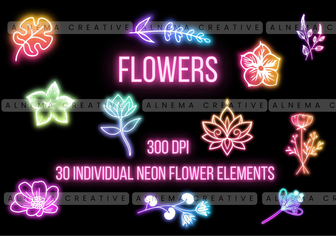 Neon Flower Clipart Bundle, Glowing Flower PNG Graphics, 30 Icons - Etsy