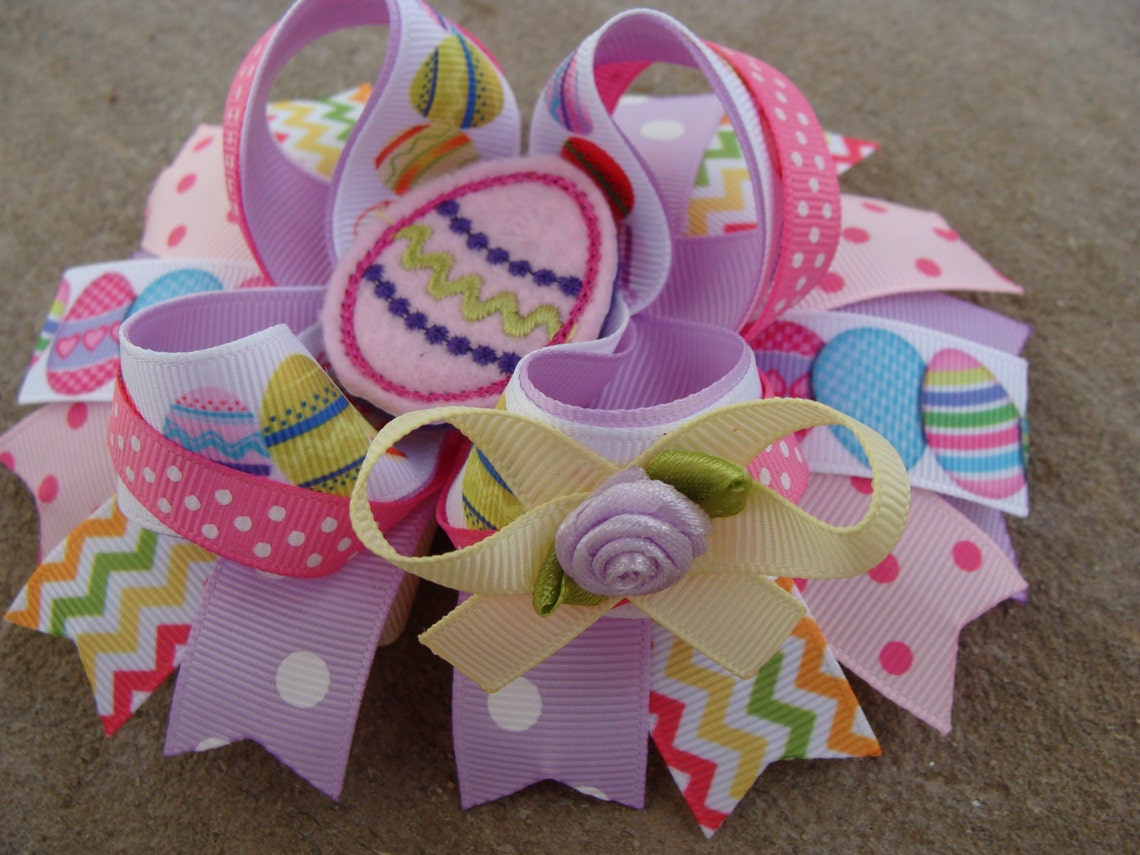 Easter Hair Bow - Large Boutique Bow - Pastel Easter Eggs Hair Bow ...