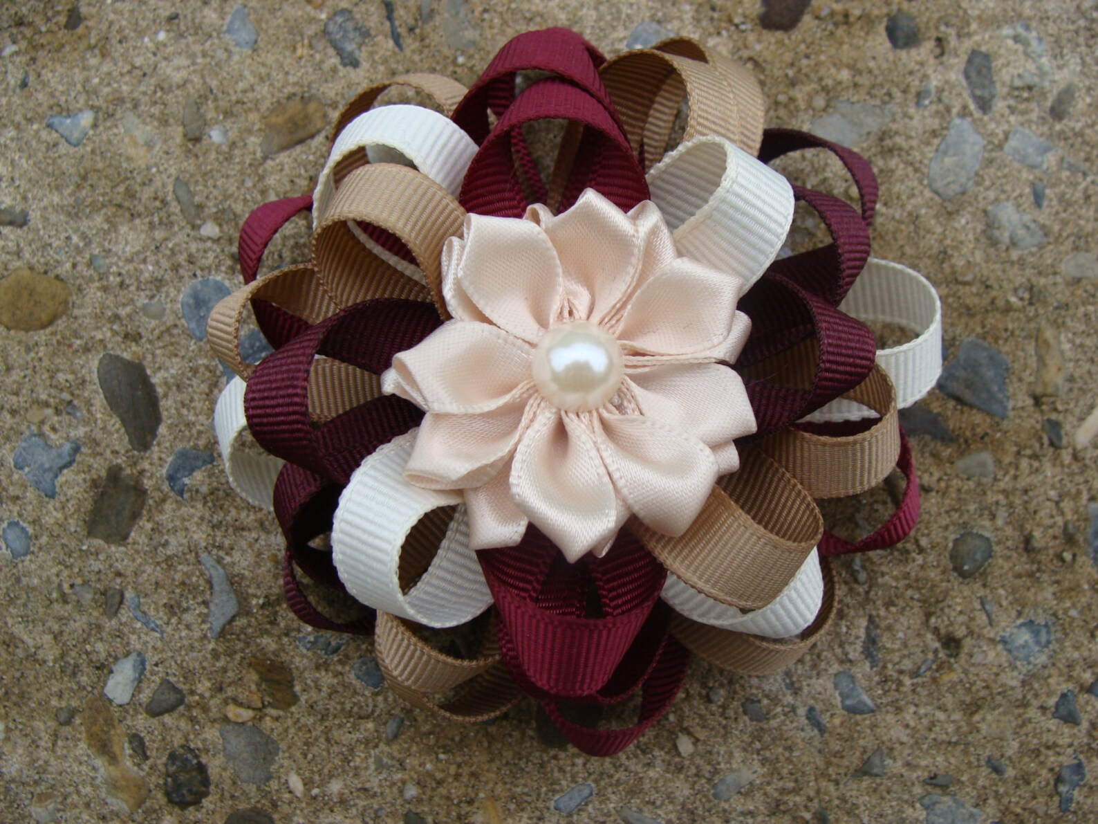 Flower Hair Bow Loopy Hair Bow Maroon Khaki and Ivory Hair - Etsy