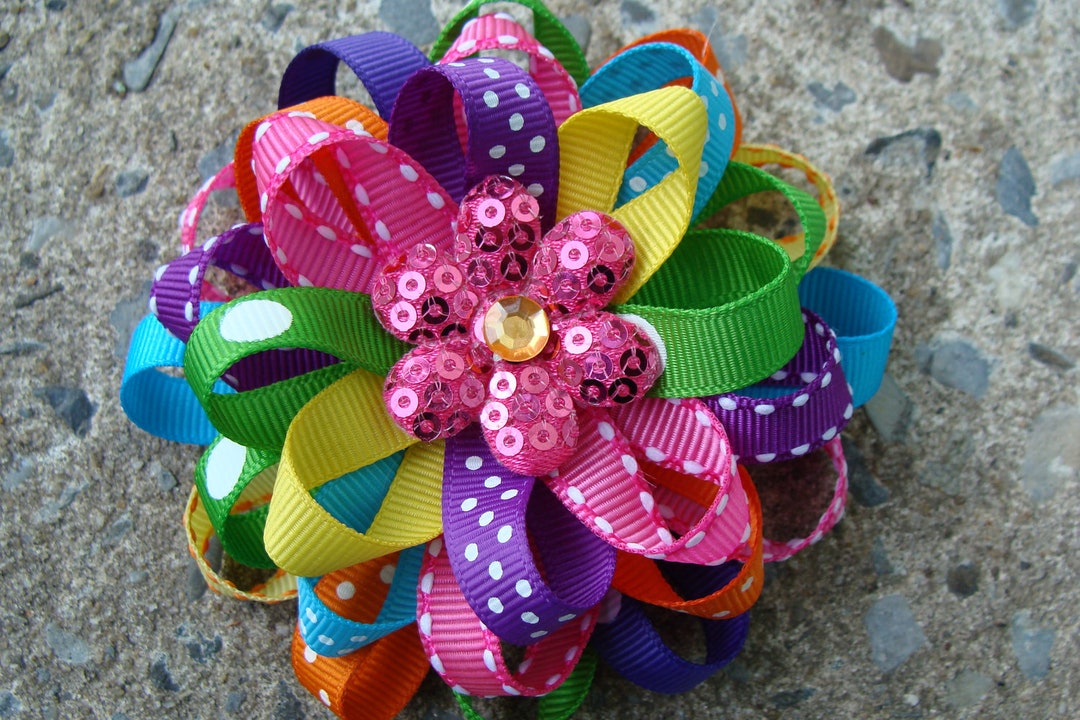 Rainbow Hair Bows Loopy Flower Hair Bow Round Hair Bow Girls Hair Bow ...