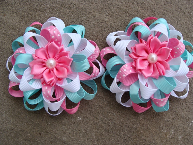 Flower Hair Bow Loopy Hair Bow Aqua and Pink Hair Bow Pink and Aqua ...