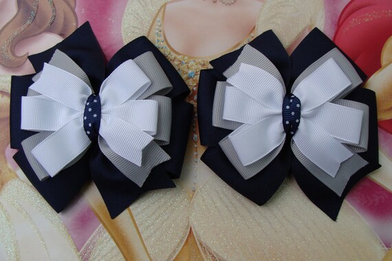 2 School uniform Hair Bow Navy Hair Bows Navy White and Grey | Etsy