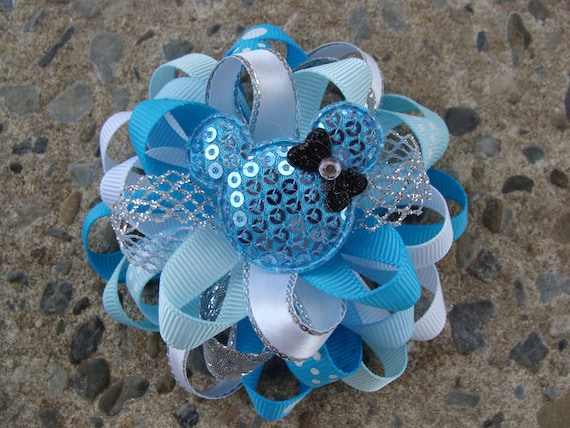 Minnie Mouse Hair Bow blue silver and white Hair Bow round | Etsy