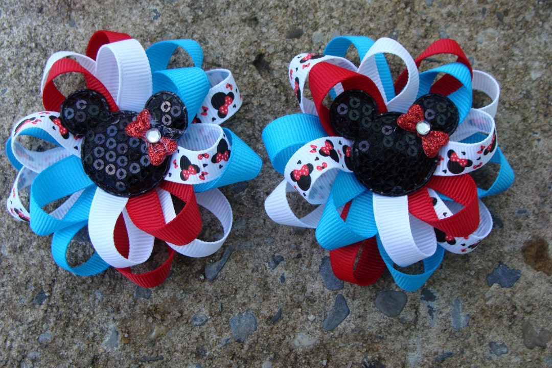 2 Disney Hair Bow Loopy Hair Bows Minnie Mouse Hair Bow Hair Clips in ...