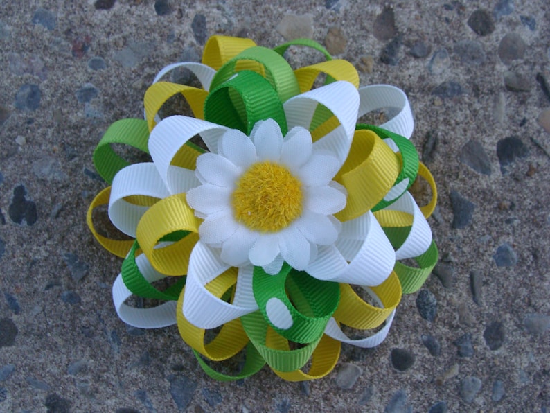 Flower Loopy Hair Bow White Yellow Green Hair Bow Daisy Flower Hair Bow ...