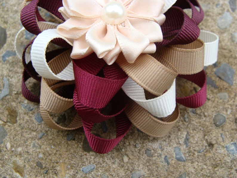 Flower Hair Bow Loopy Hair Bow Maroon Khaki and Ivory Hair - Etsy