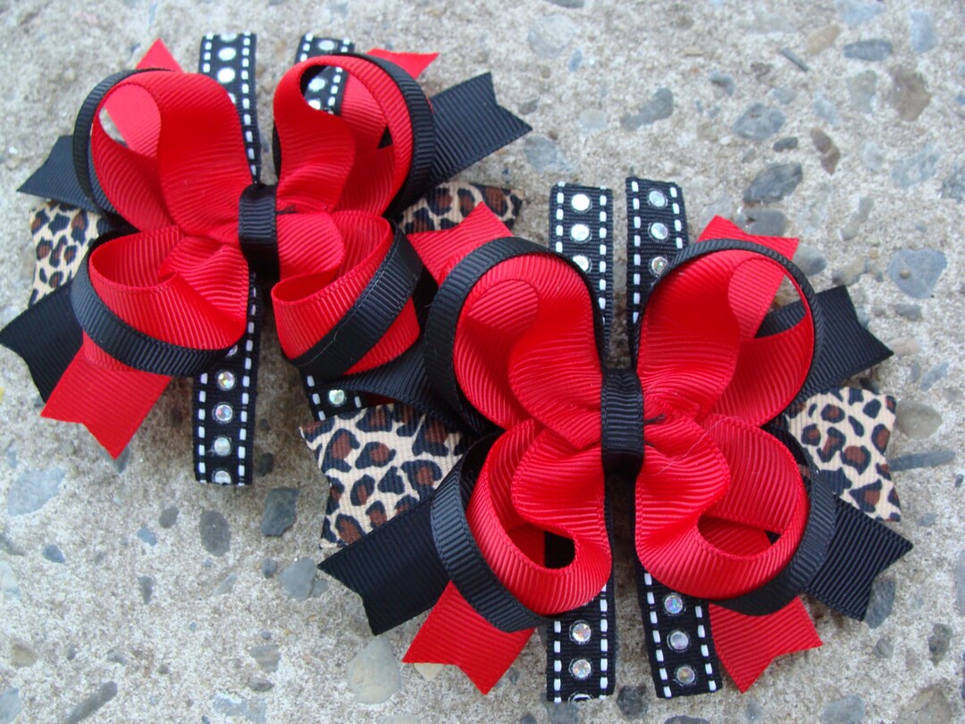 2 Red and Leopard Print Hair Bows Pigtails Hair Bows Medium Boutique ...