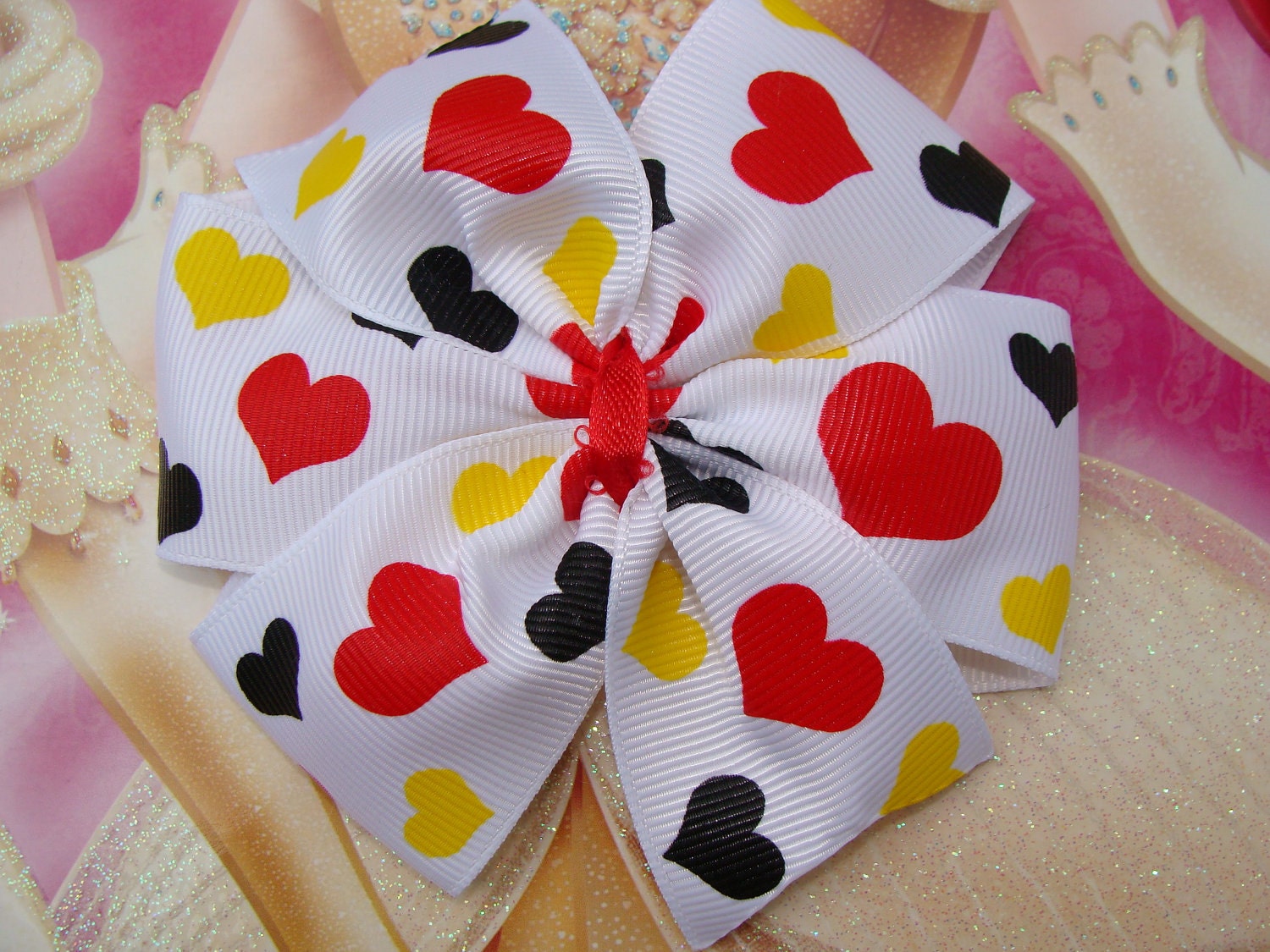 Minnie Mouse Hair Bow Disney Hair Bow Red Black and Yellow Hearts Large ...
