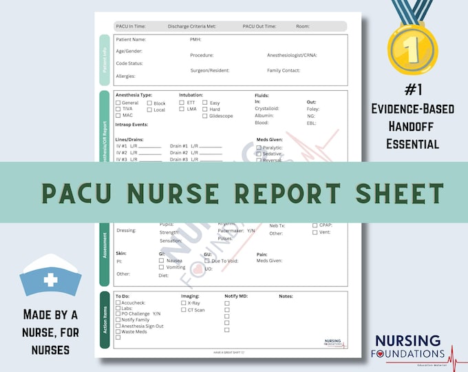 Preop / PACU Nurse Report Sheet for 4 Patients, Periop, Preop, Intraop ...