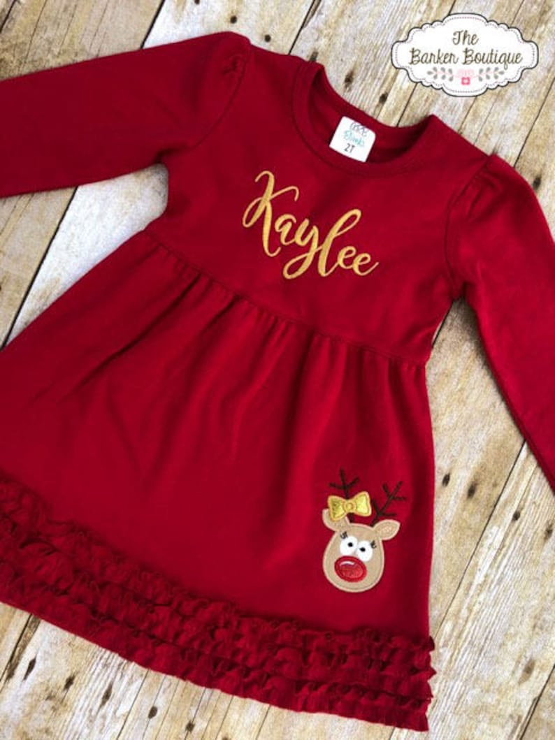 Boutique Christmas Dress Embroidered Applique Glitter Reindeer ...