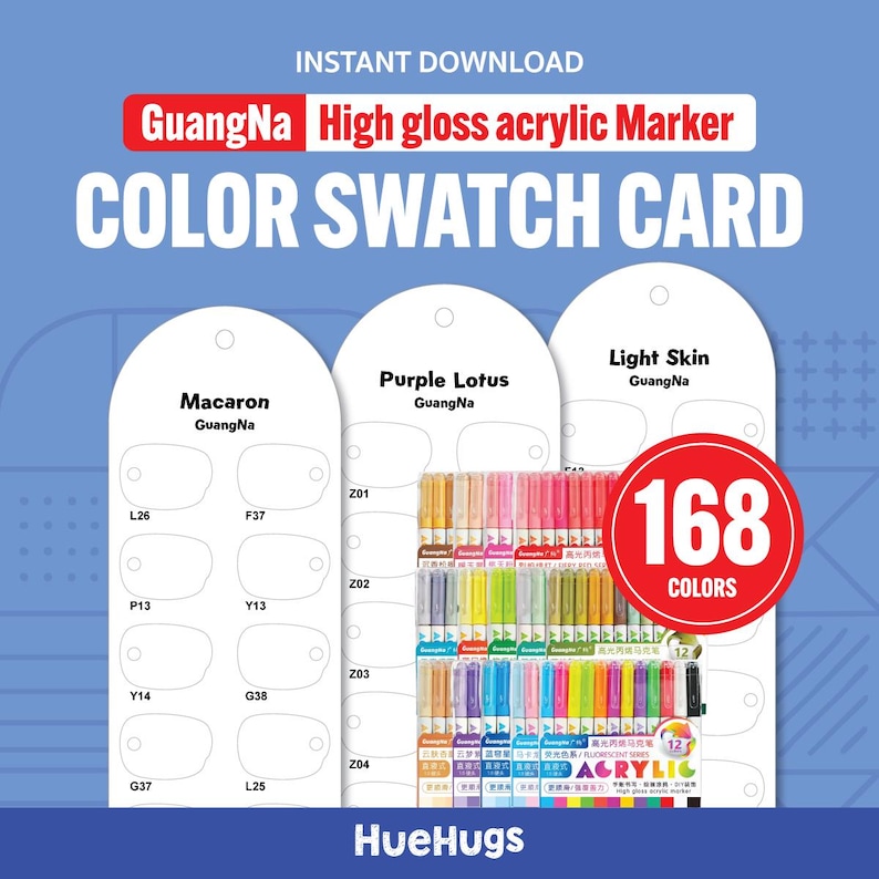 Guangna Gel Pens 168 Color Swatch Chart – Acrylic Marker Template ...