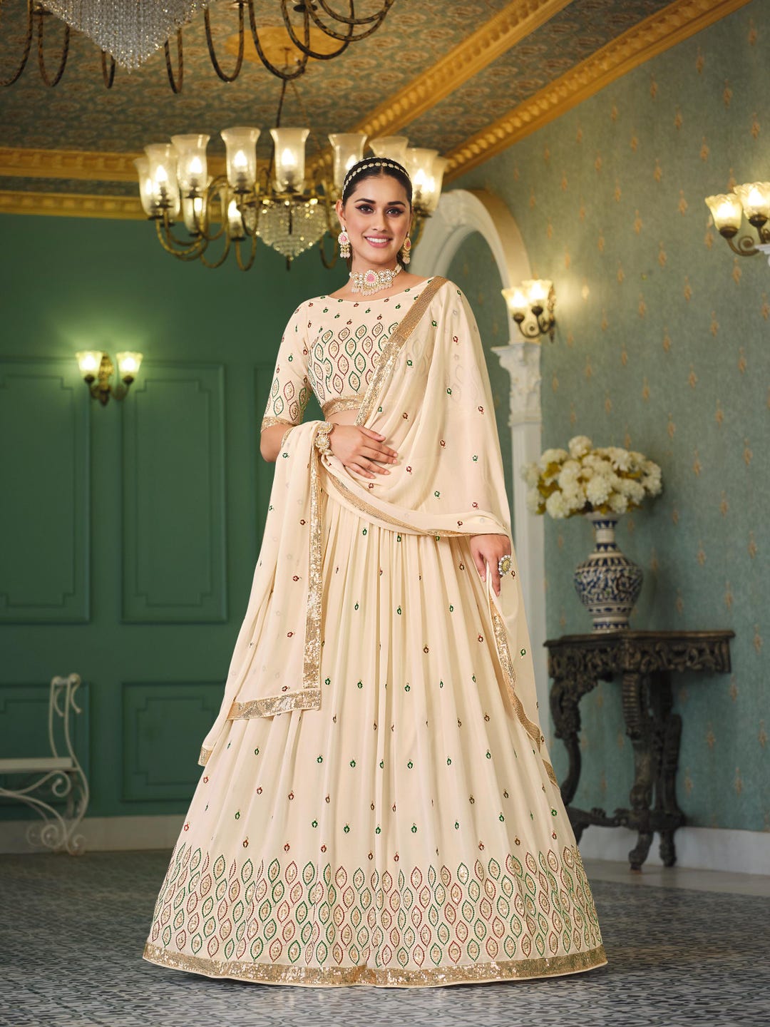 Bridal Lehenga Choli Set | Cream Georgette Wedding Dress | Indian ...