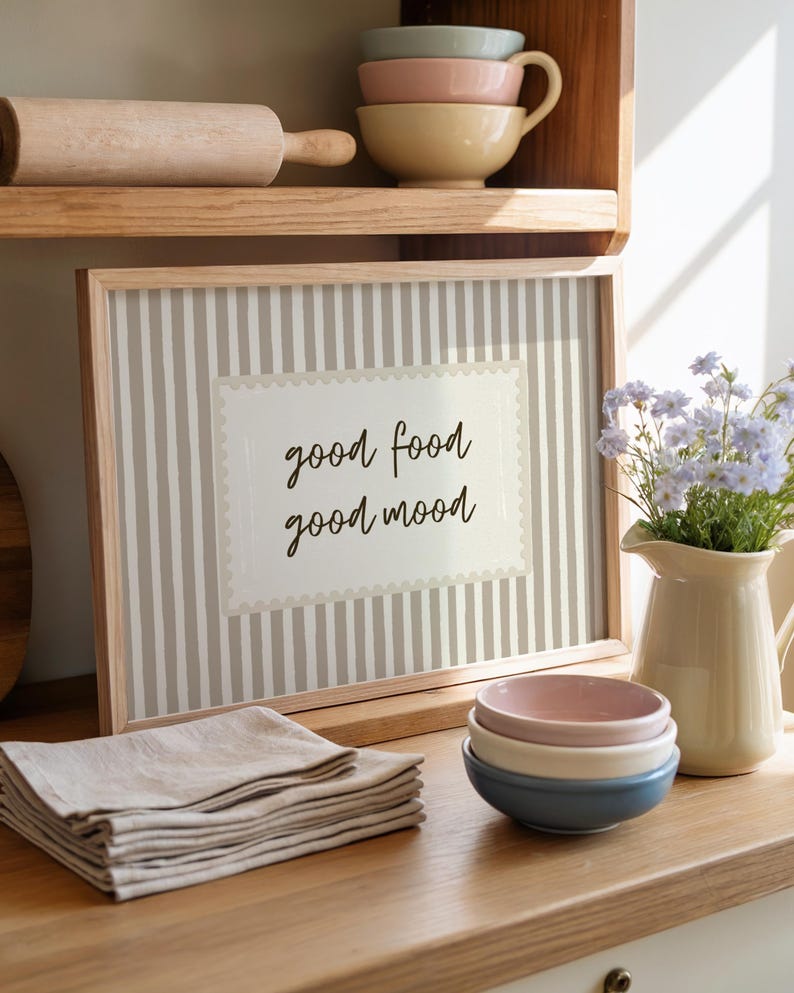 Good Food Good Mood Print, Kitchen Wall Art, Neutral Striped Poster ...