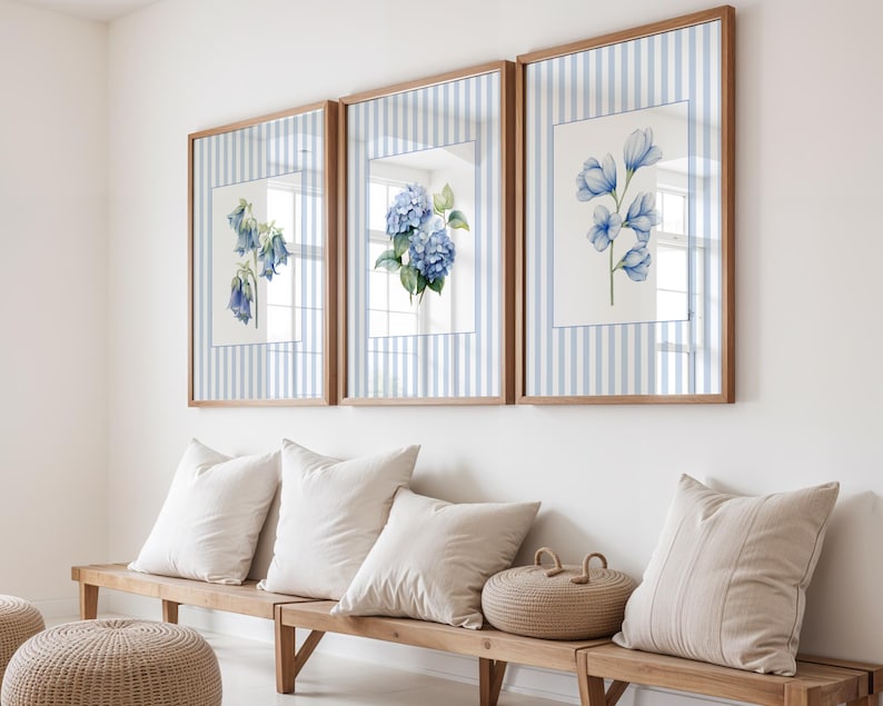 Blue Floral Botanical Print Set of 3, French Country Wall Art, Vintage ...