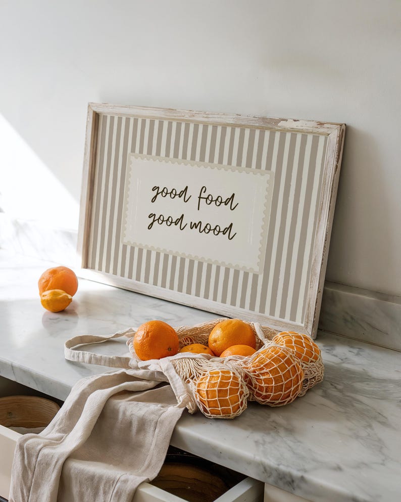 Good Food Good Mood Print, Kitchen Wall Art, Neutral Striped Poster ...