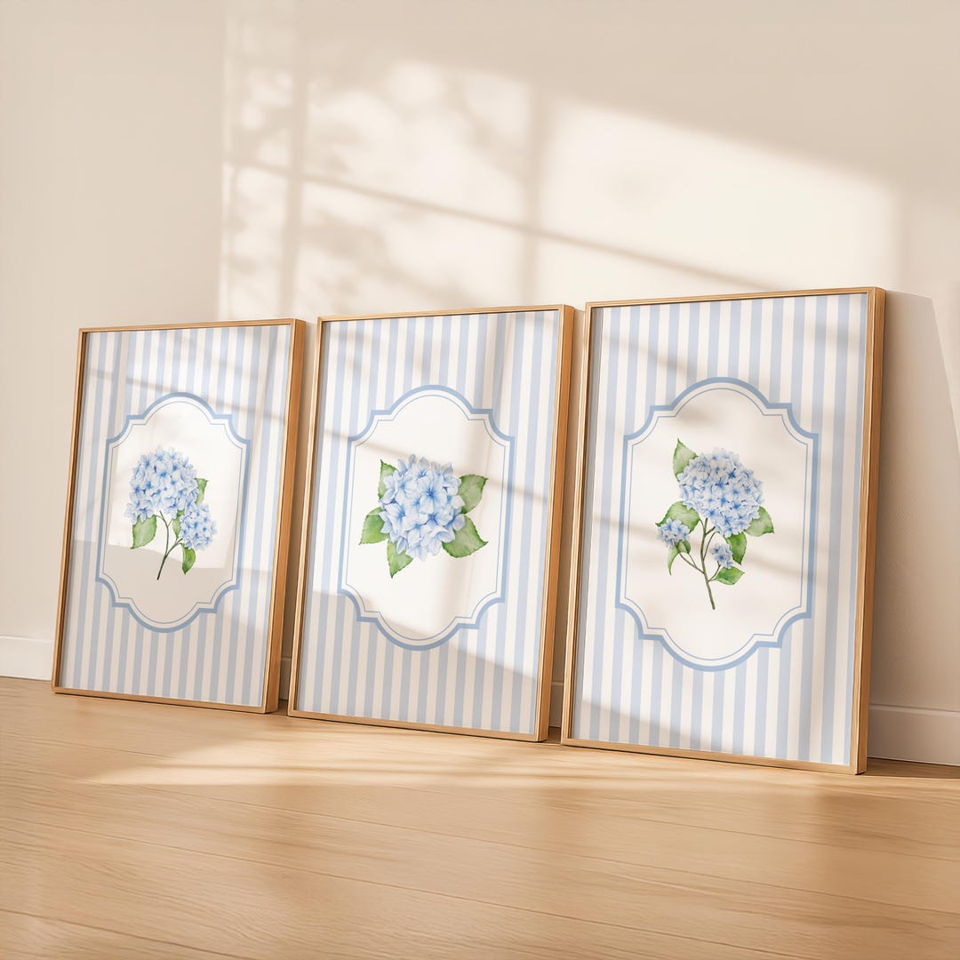 Blue Hydrangea Coastal Print Set, Hamptons Style Wall Art (digital ...