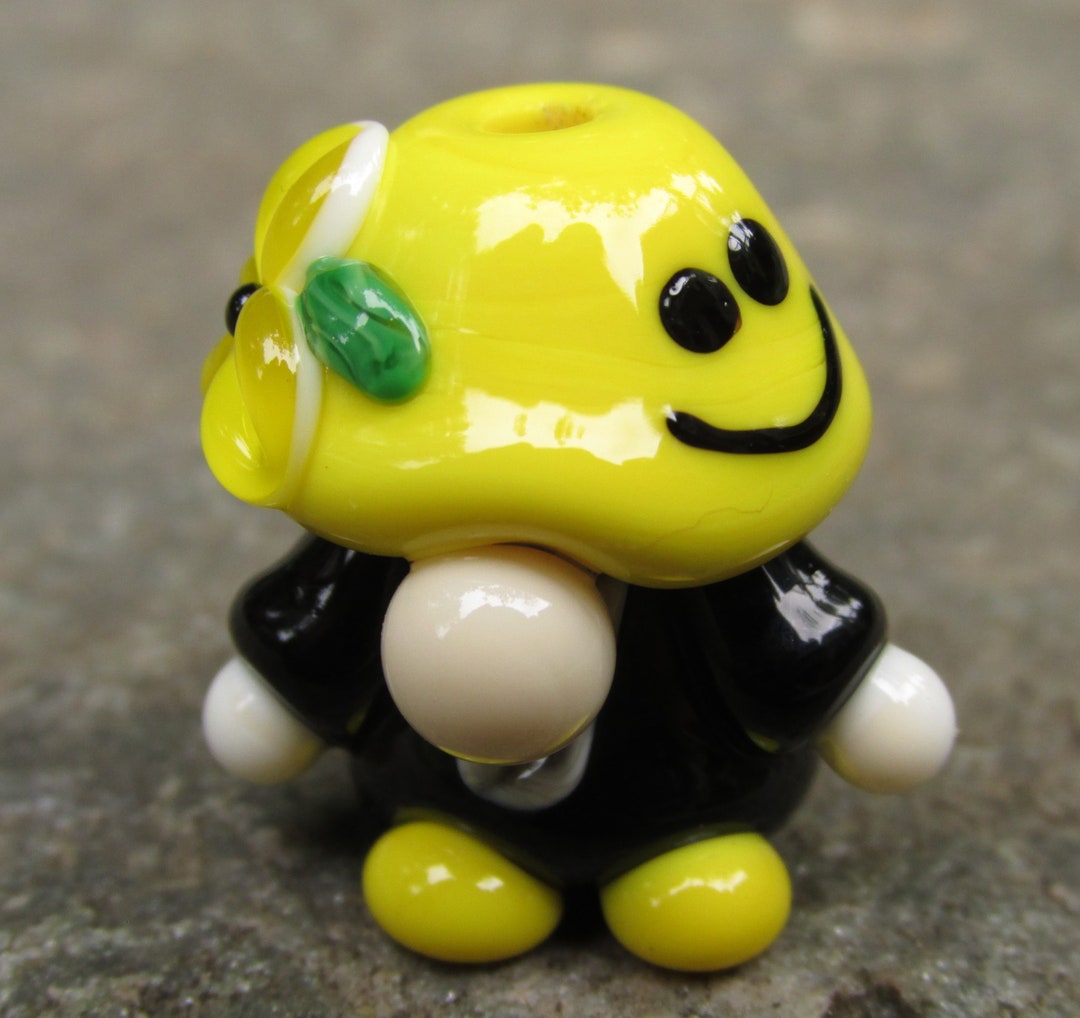 Emoji Smile Smiley Yellow Black Garden Gnome Lampwork Glass Bead NLC ...