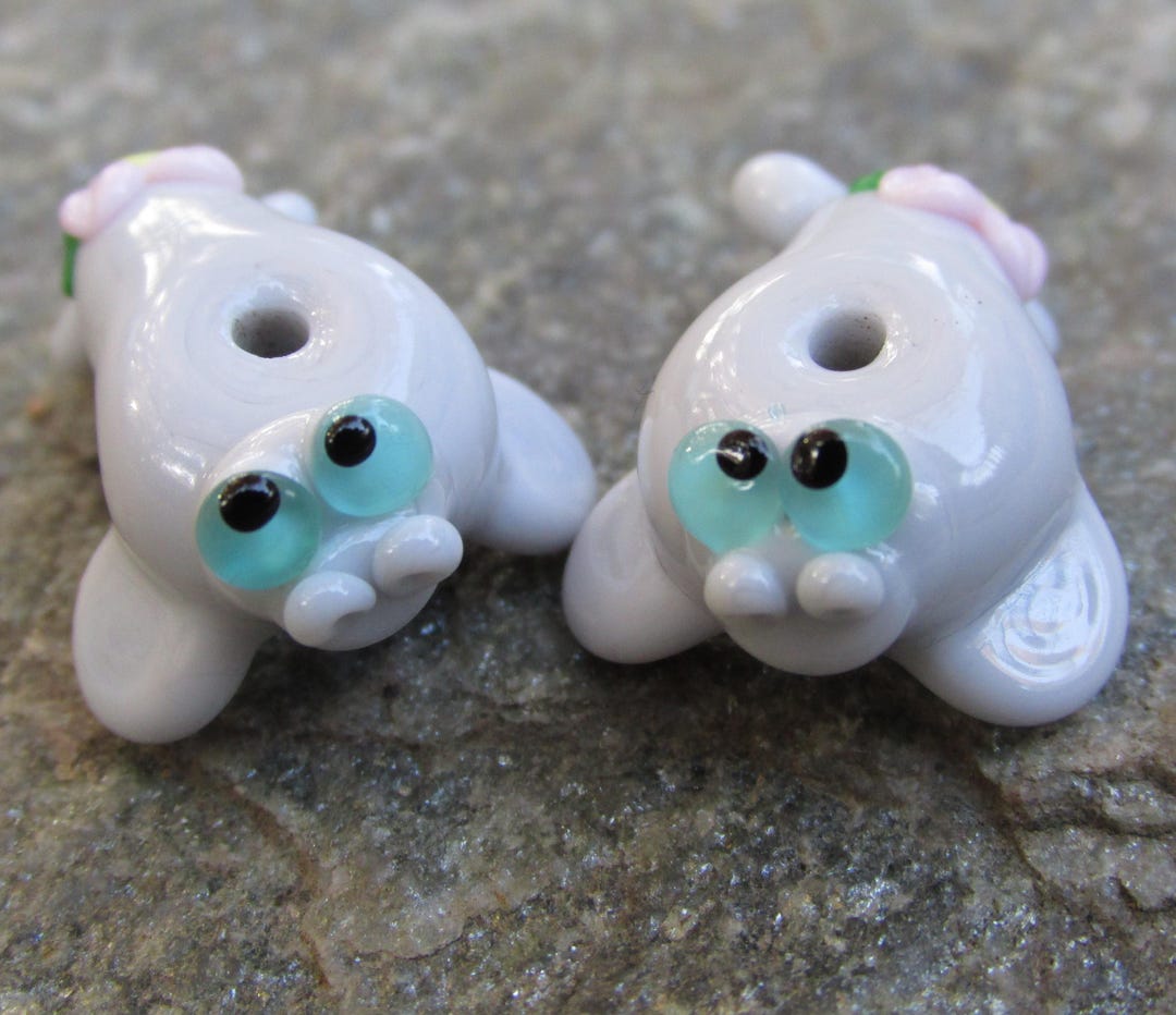 Grey Manatee With Pink Flowers Baby Earring Pair Lampwork Glass Bead ...