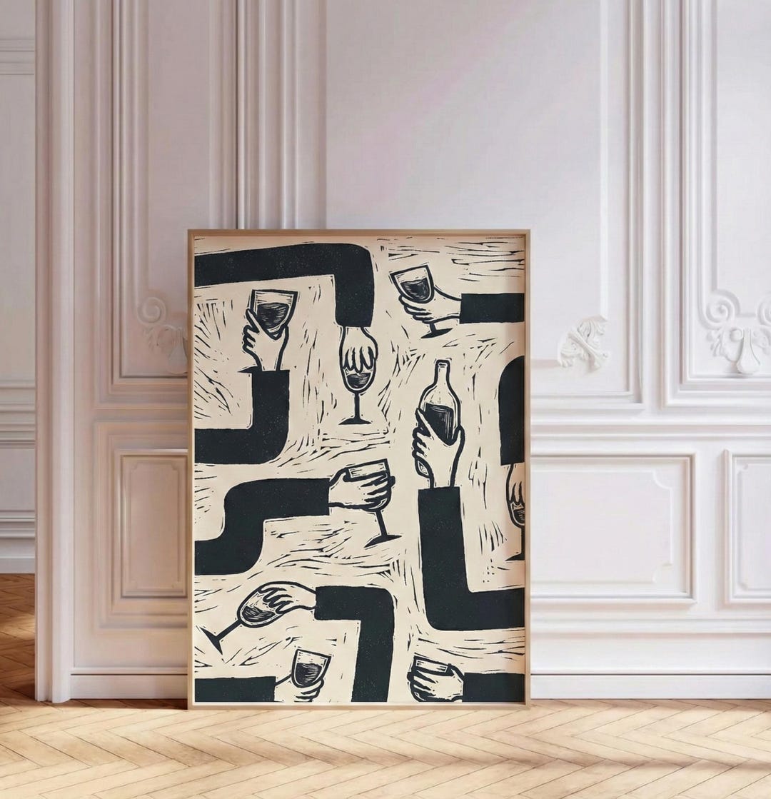 Linocut Wine Toast Print, Black and White Bar Cart Decor (digital ...