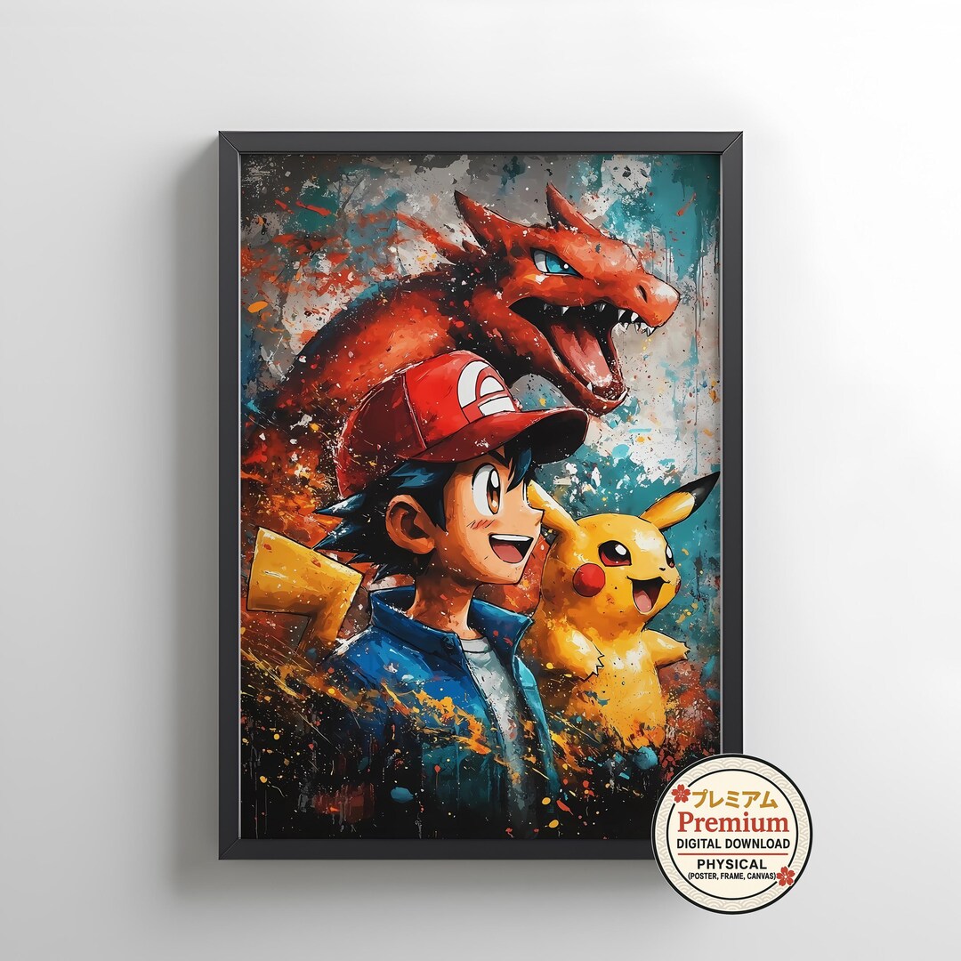 Pokemon Trio Portrait - Ash Ketchum, Pikachu & Charizard Roaring, Gift ...