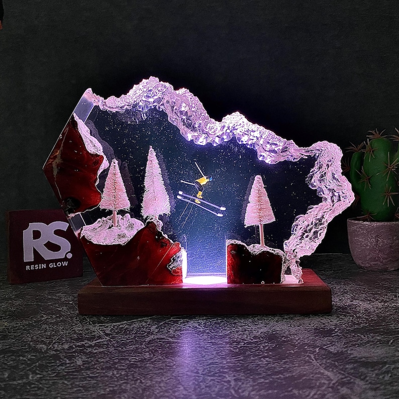 Skiing Resin Lamp, Handmade Winter Diorama Night Light, Epoxy Art ...