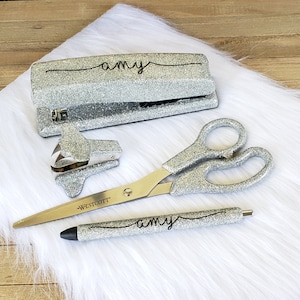 Glitter Sparkly Desk Set (5 Pieces) Stapler, Scissors, Pen, Staple ...