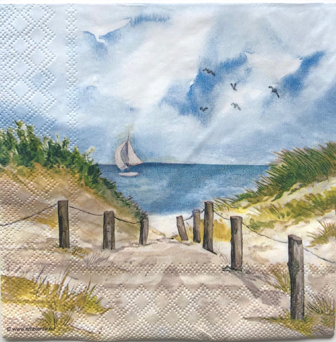 Decoupage Napkin Nautical Paper Napkin Sailboat Beach Scene Napkin ...