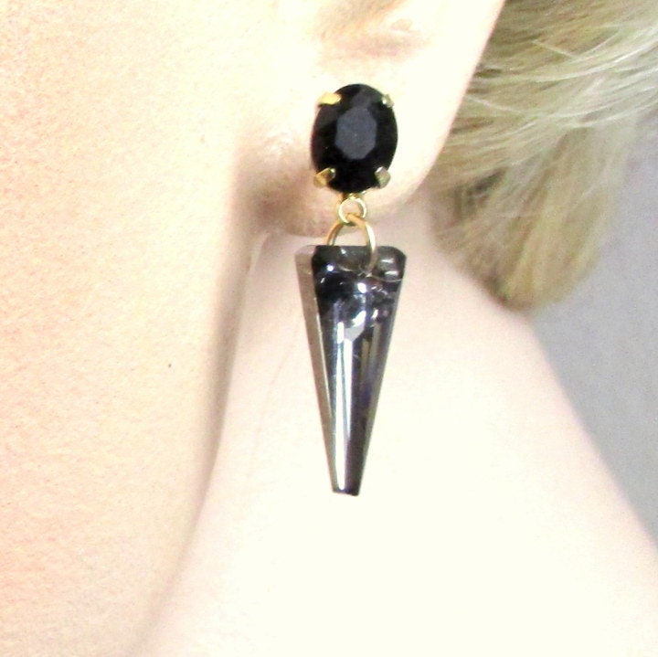 Rare Swarovski Inverted Black Triangle Crystal Earrings, Black Stud ...