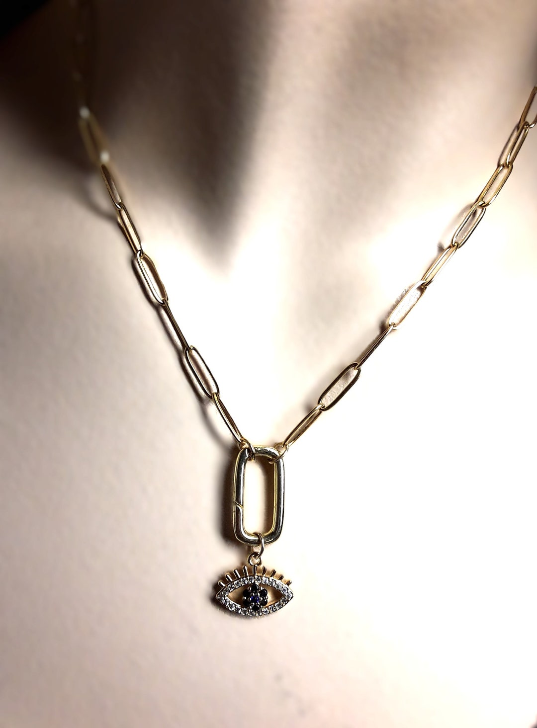 Evil Eye Charm Necklace, 18K Gold Fill Paperclip Chain, 18K Gold Push ...