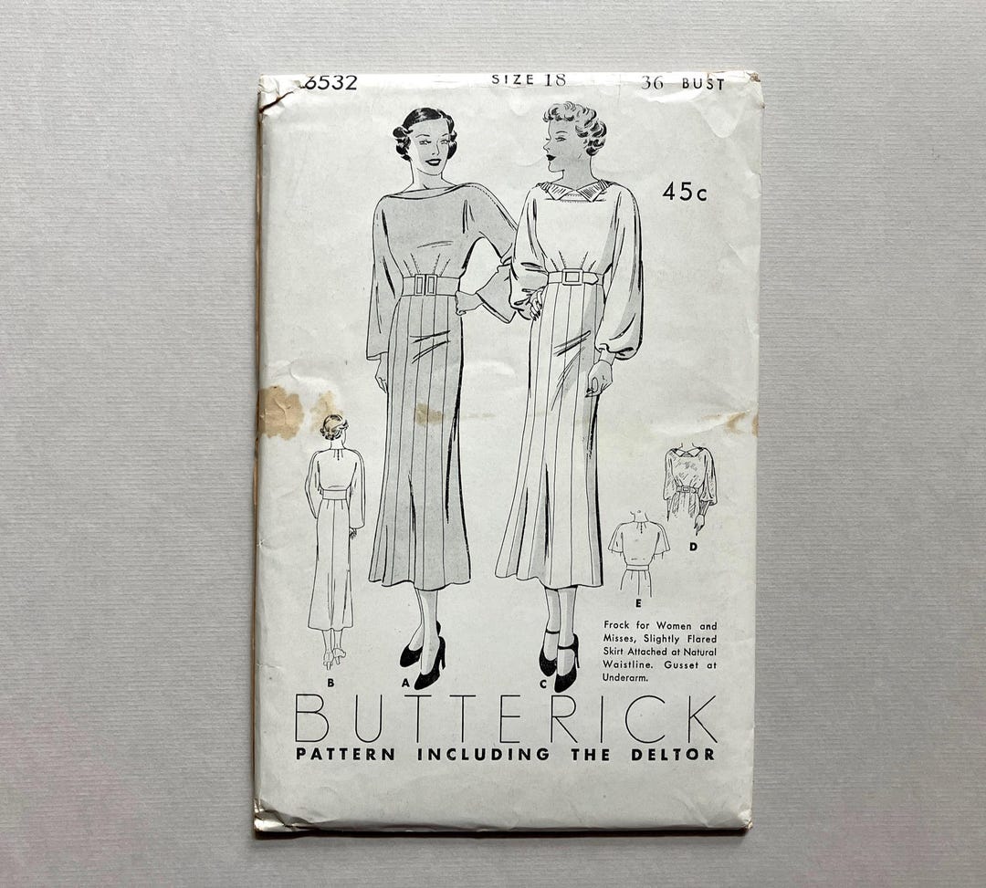 Vintage 1930s Butterick Dress Pattern, Size 18/36" Bust, No. 6532, 1935 ...