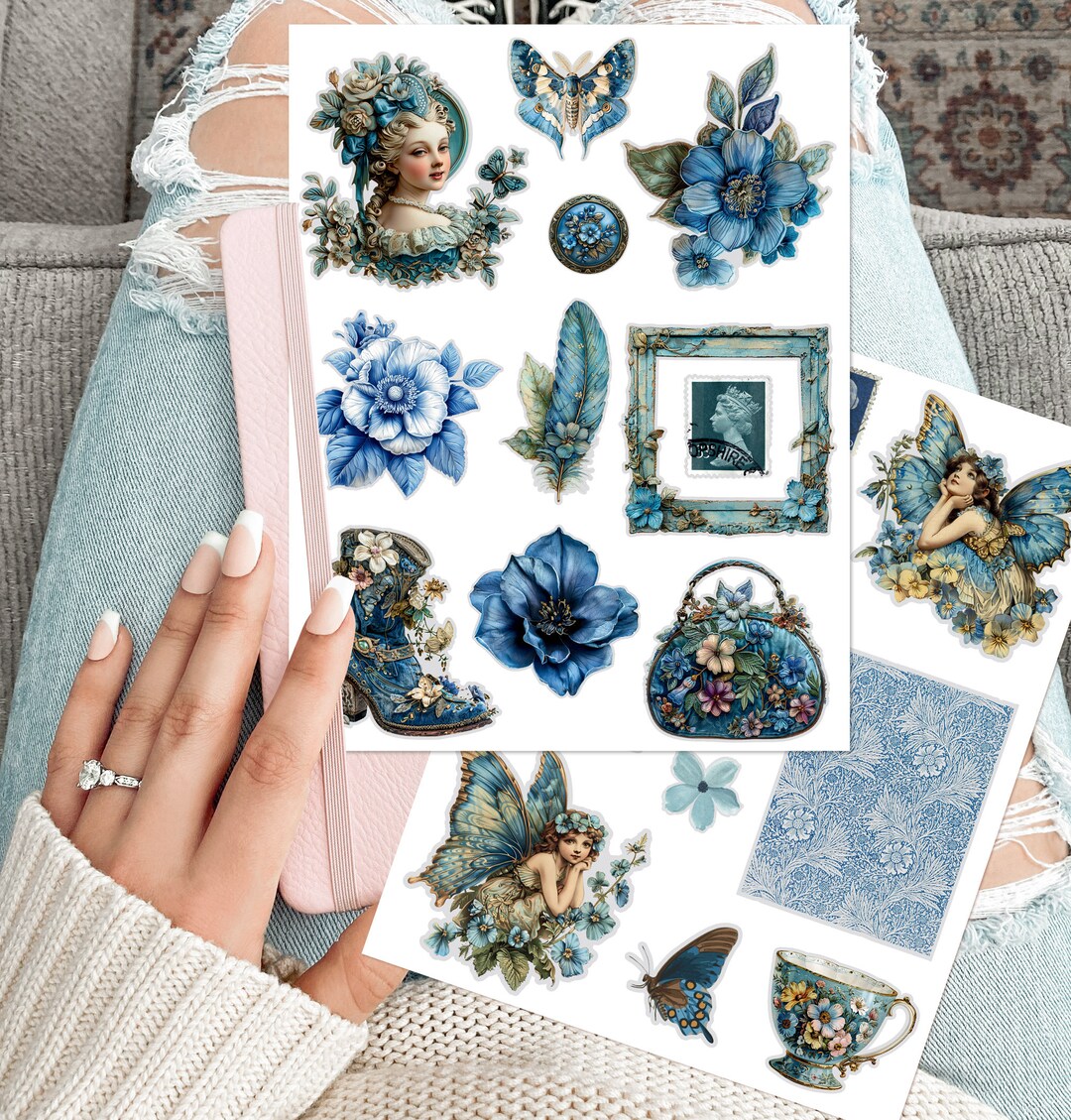 Vintage Blue Sticker Sheets Set of Two for Junk Journals, Planners ...