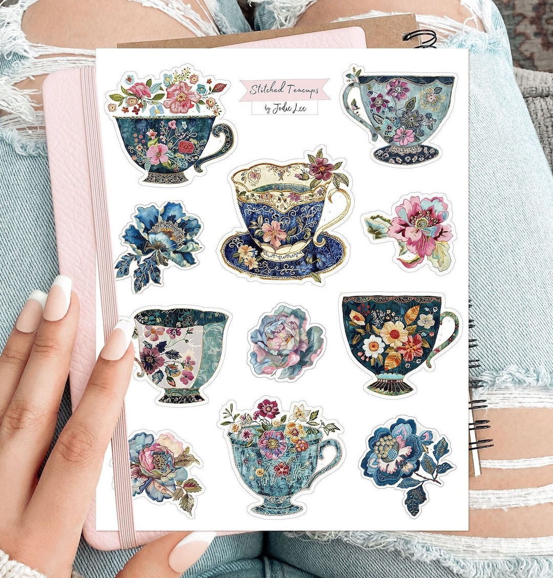 2x Embroidered Teacup Stickers #1 for Junk Journals, Planners ...