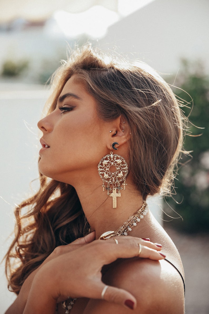 MARJORIE EARRINGS /// Gold Earrings Statement Jewelry Cross - Etsy