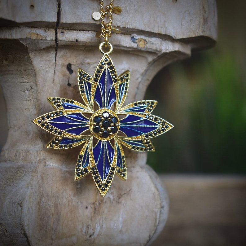 PHOENIX NECKLACE // Lapis Blue Enamel, Cubic Zirconia, Statement ...
