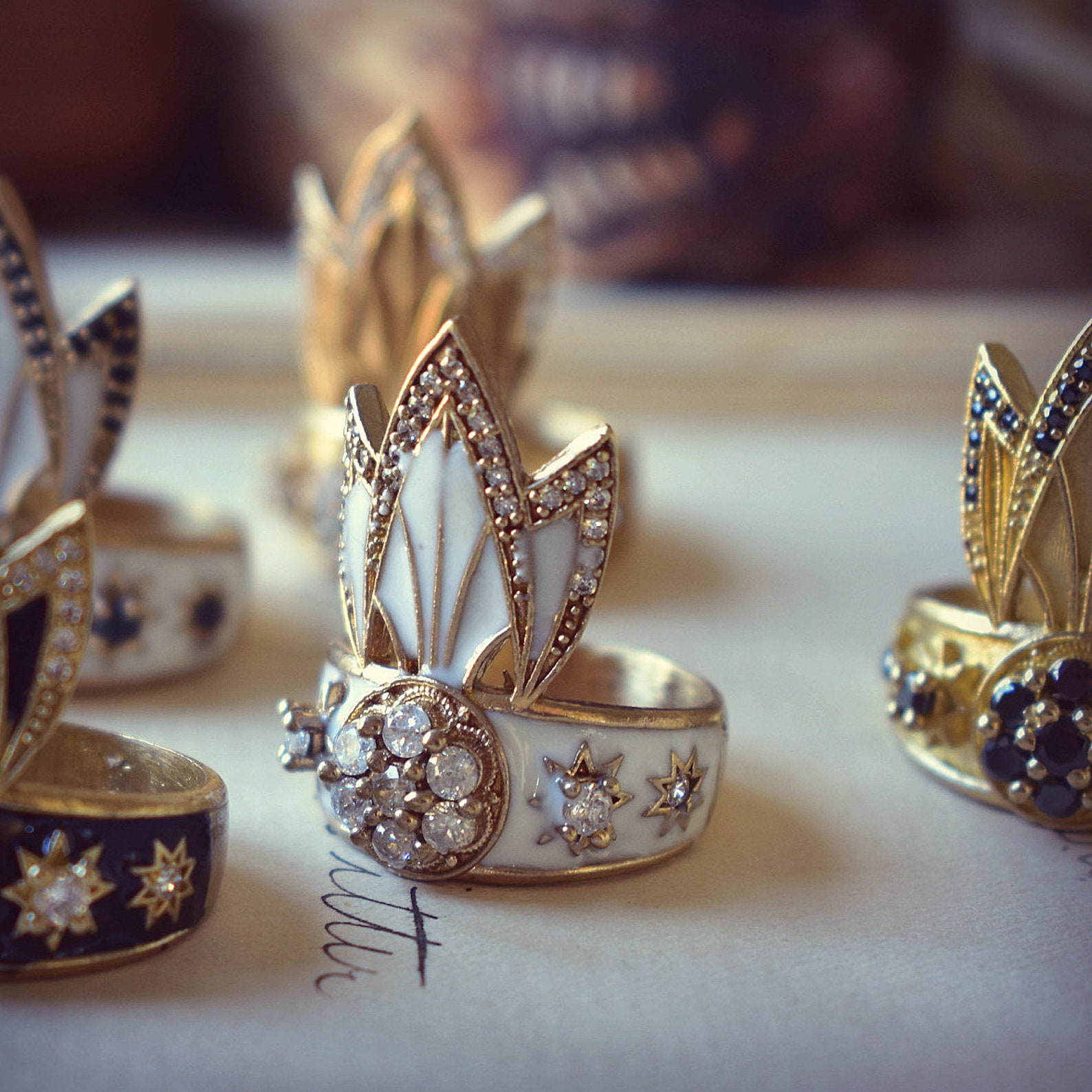 TIGER LILY RING: White Enamel, Cubic Zirconia, Gold Bohemian Statement ...
