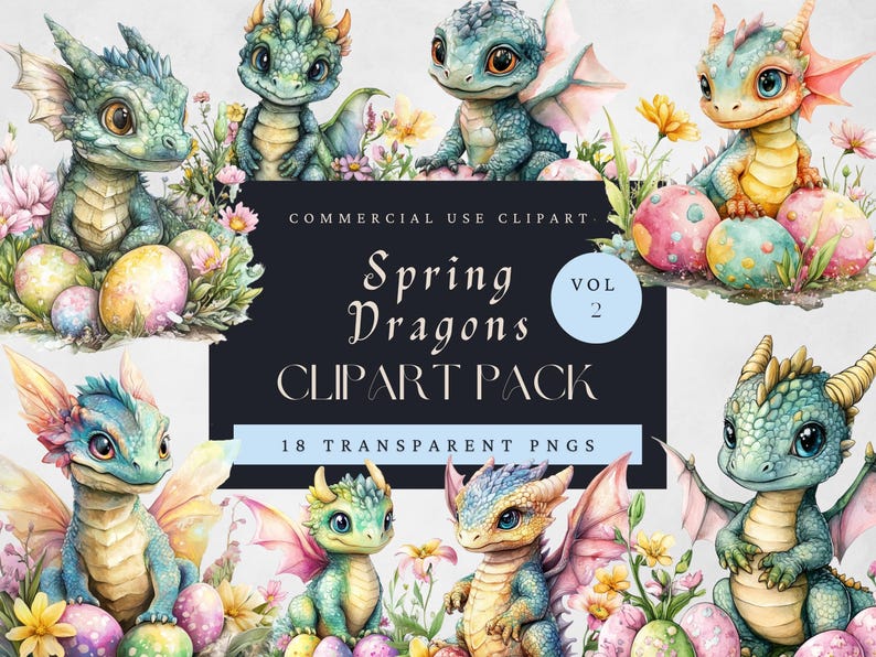 Cute Spring Dragons Clipart Pack Vol 2 | Fantasy Characters | Clipart ...