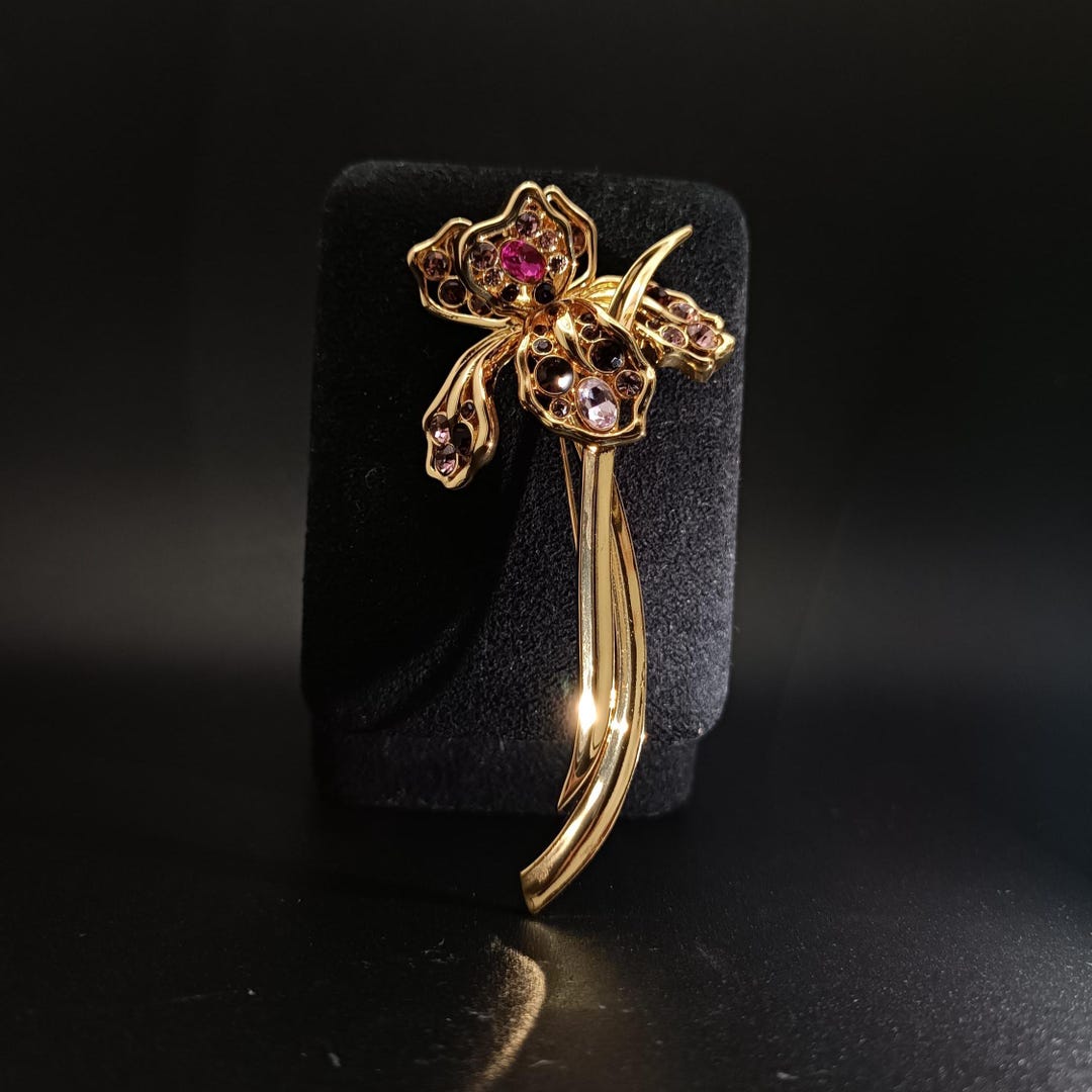 Purple Iris Flower Brooch, Art Nouveau Zirconia Floral Pin, Vintage ...