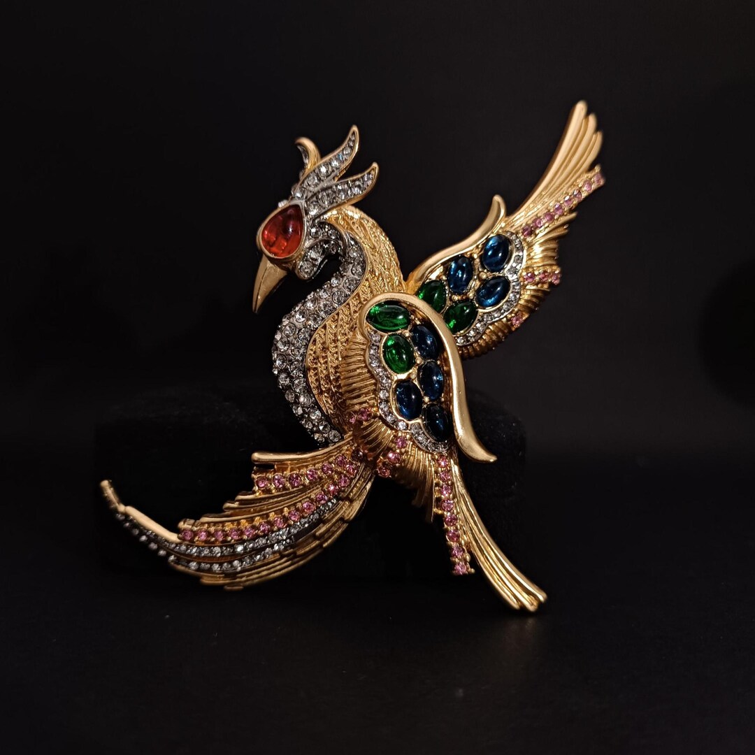 Vintage Deco Gold Tone Phoenix Bird Brooch With Rhinestones - Etsy