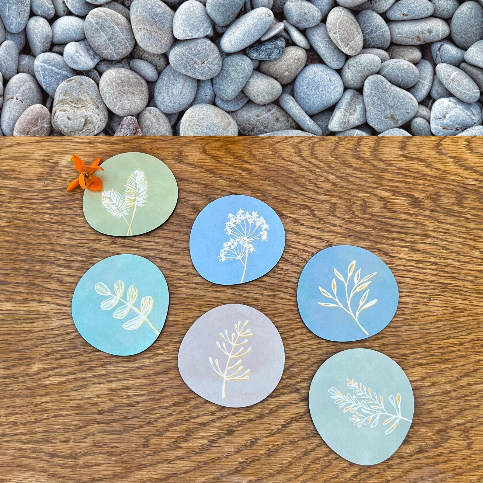 Pebble Shape Wooden Coasters, Nature Inspired Drink Coaster Set of 6 ...